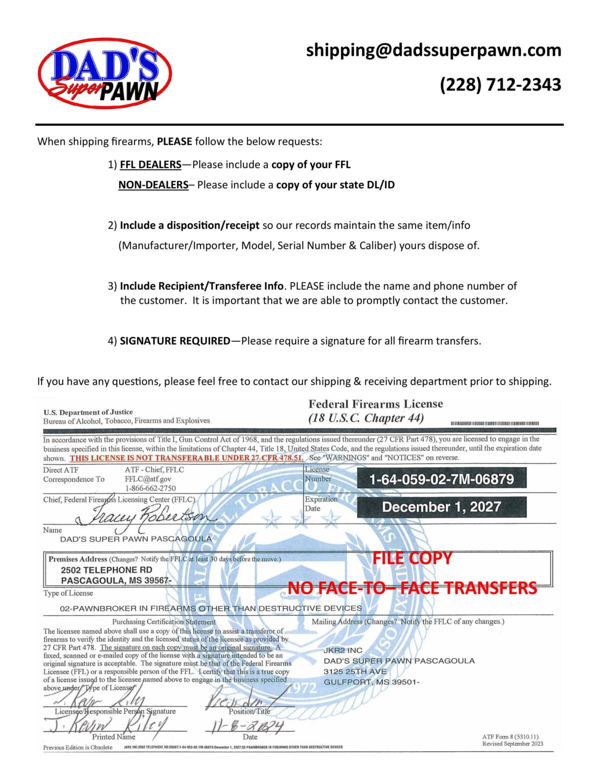 FFL & SOT Transfers - Dad's Super Pawn